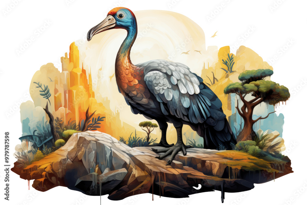 Illustration of a dodo bird in an imaginative landscape, capturing ...