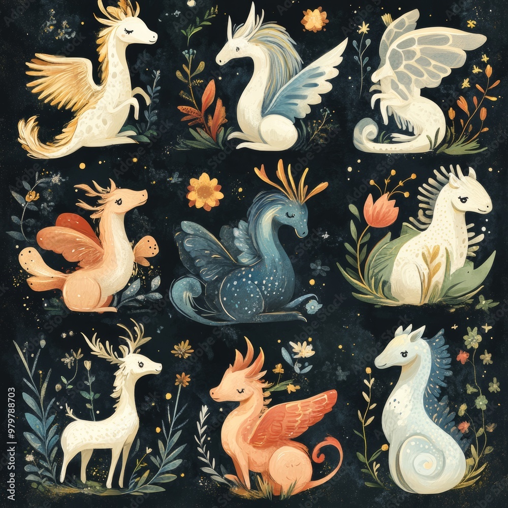 Cute Fantasy Creatures with Wings and Flowers Illustration Stock ...