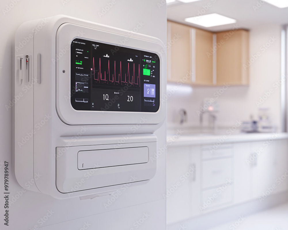 Modern medical monitor displaying vital signs in a clean, professional ...