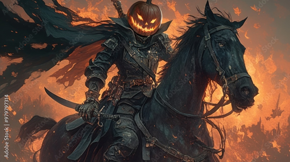 A dynamic and detailed depiction of a headless rider with a glowing ...