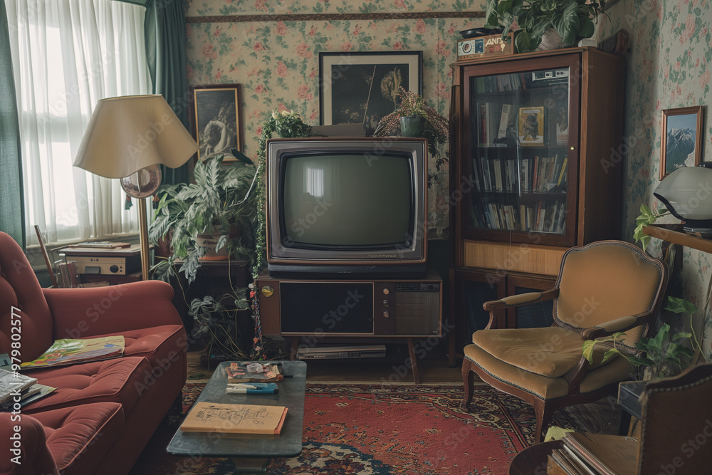 Retro living room with 90s decor and a big box TV Stock Photo | Adobe Stock