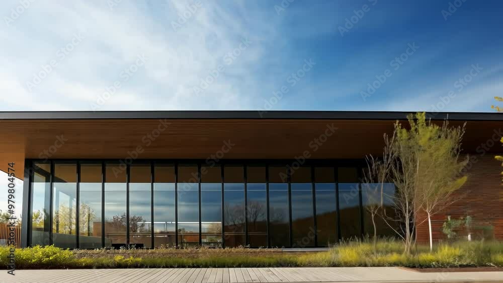Modern glass-walled building with reflective exterior, surrounded by ...