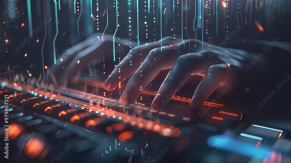 Holographic fingers, hands typing on a keyboard with binary code ...