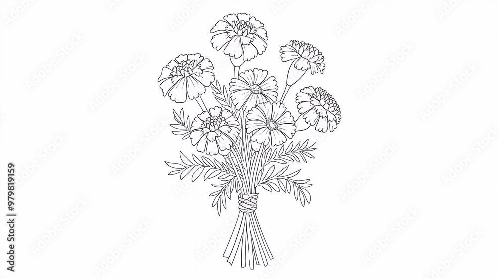 Marigold Flower outline illustration coloring book page design ...