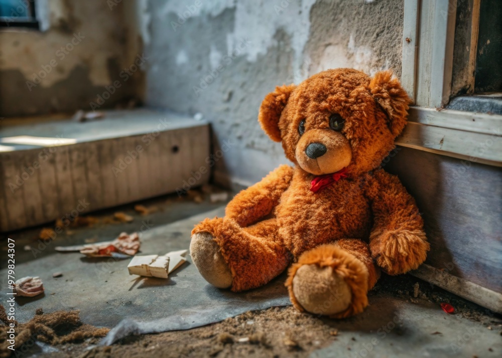 Abandoned Teddy Bear A well-loved but discarded teddy bear lying in a ...