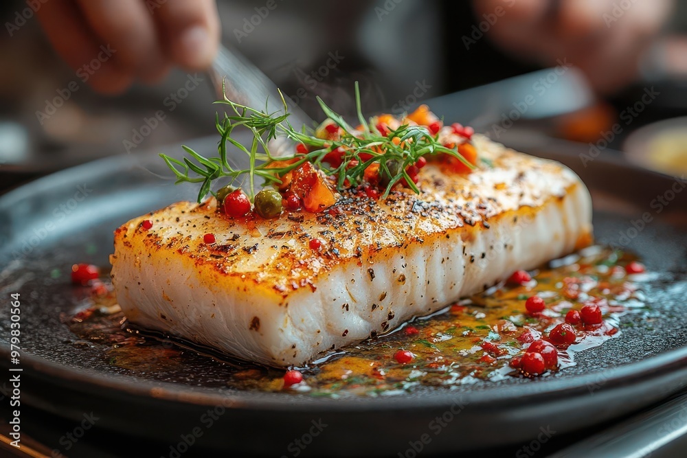 elegant fine dining restaurant interior, soft ambient lighting, chef ...