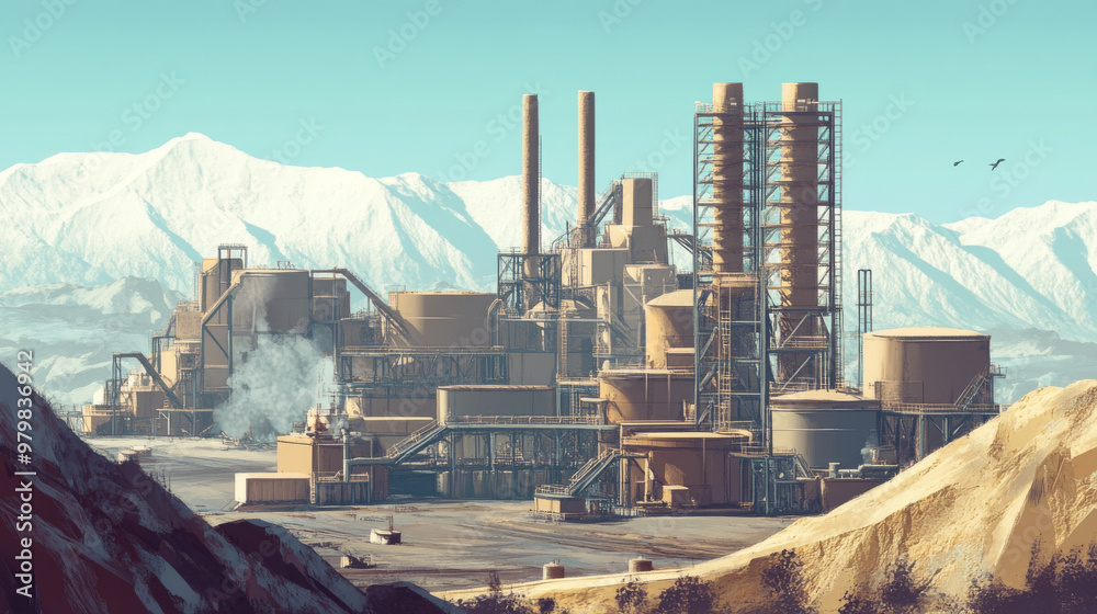 Digital artwork showing stylized industrial facilities based on a ...