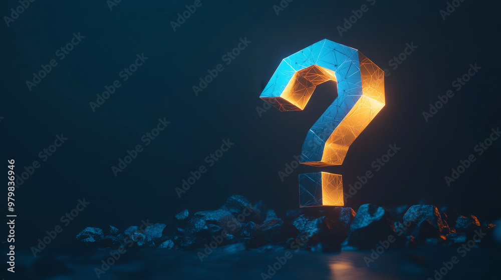 Exploration concept: glowing polygonal question mark on dark blue ...