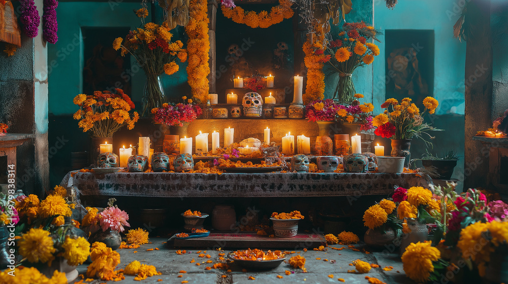 Traditional Mexican Altar Setup, a detailed scene of an altar with ...