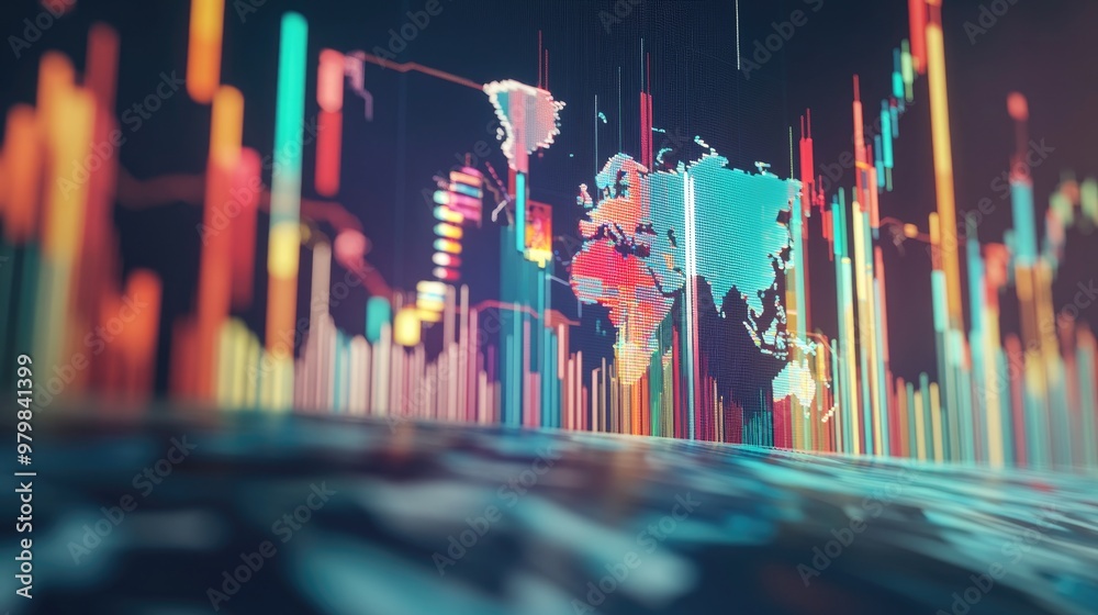 A 3D graph of global economic growth, with country flags and stock ...