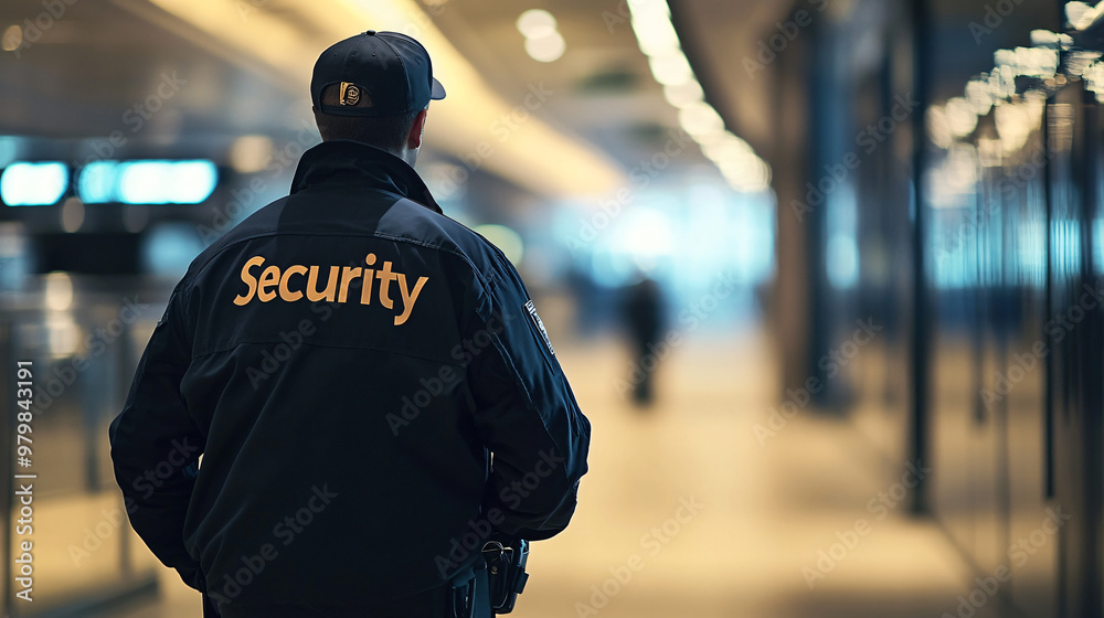 Professional security guard in uniform patrols building, ensuring ...