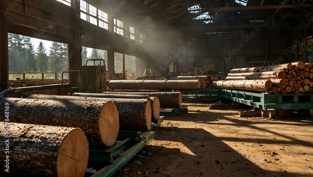 Sawmill conveyor belt carrying cut logs with sawdust and equipment ...