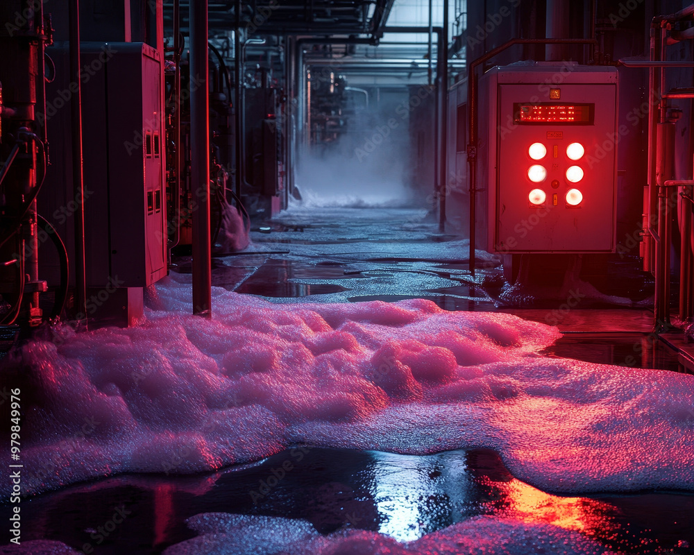 A factory scene in emergency mode, featuring glowing fire alarm control ...