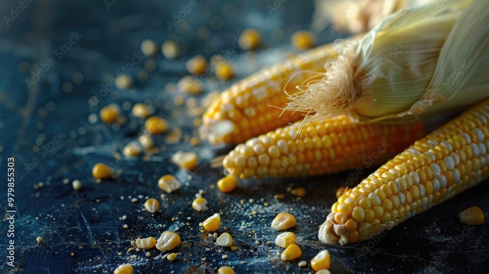 Close up photography of peeled and unpeeled corn on dark background ...