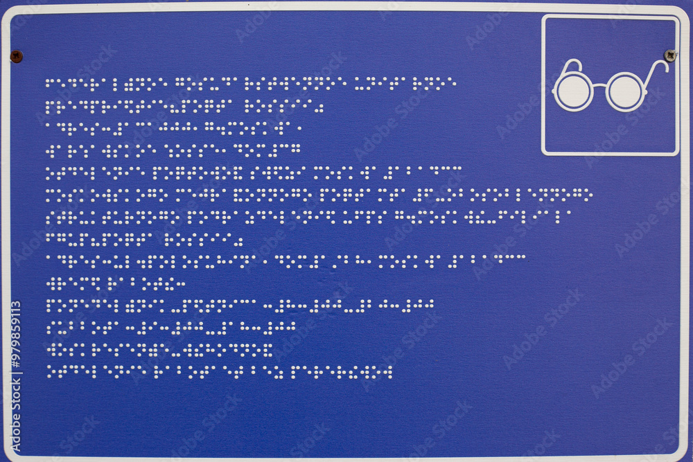 Blue sign with white dots of braille text. Braille alphabet to help ...