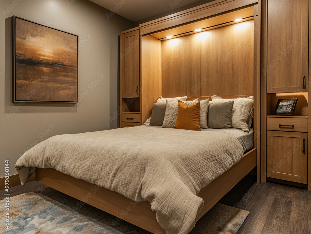 Murphy bed unfolding from a sleek wooden wall panel in a cozy studio ...