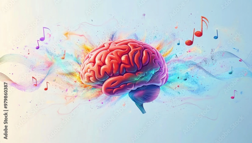 Human brain with vibrant melody wave and music notes, self care and ...