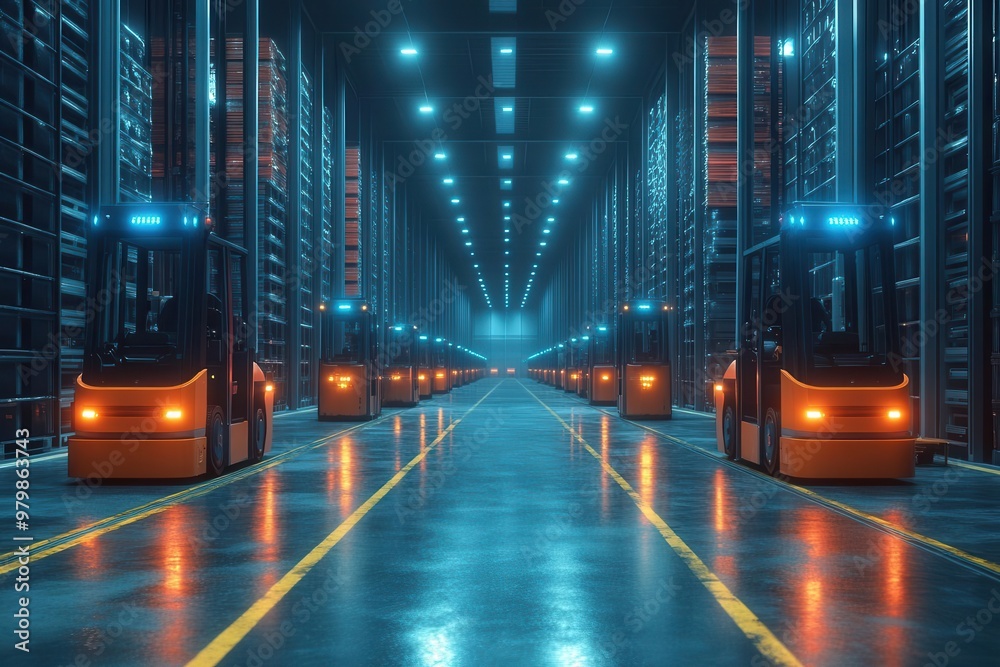 futuristic automated warehouse with aipowered robotic forklifts ... futuristic automated warehouse with aipowered robotic forklifts ...