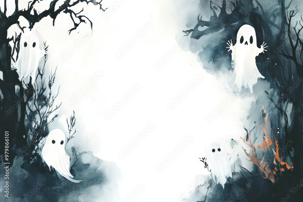 A spooky watercolor painting of four white ghosts emerging from a dark ...