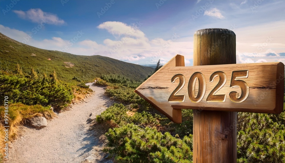A 2025 sign with an arrow pointing down a path to the future. A fun new ...