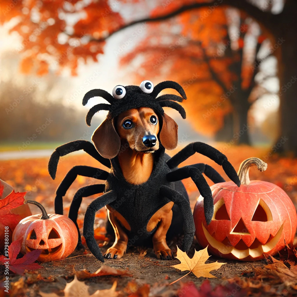 Perro salchicha disfraz de araña fondo otoñal, Dachshund spider costume ...