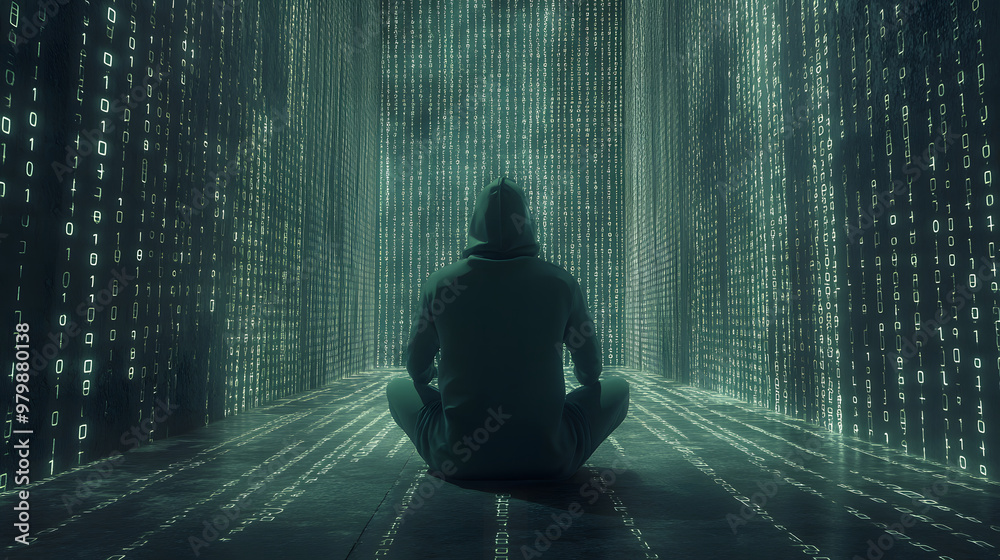 Mysterious Hacker in Hoodie with Matrix Code Background - Cybersecurity and Digital Hacking ...