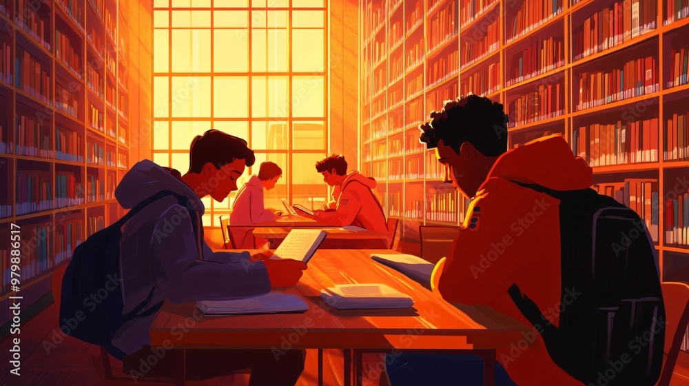 Students studying in library with bookshelves and sunlight Stock ...