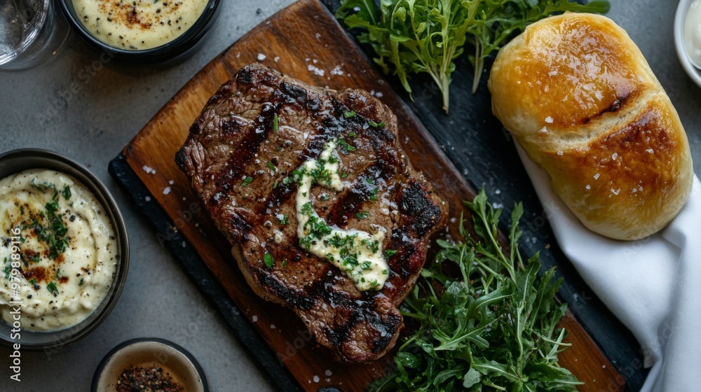 An elegant dining setup featuring a beautifully presented steak with a ...