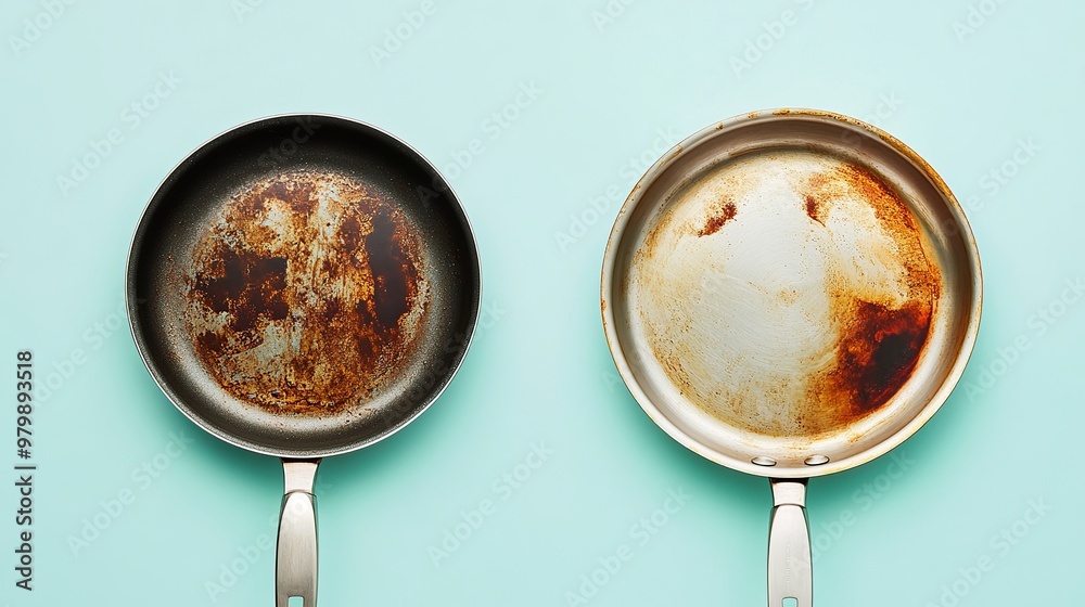 Clean and dirty frying pans compared side-by-side on a light blue ...