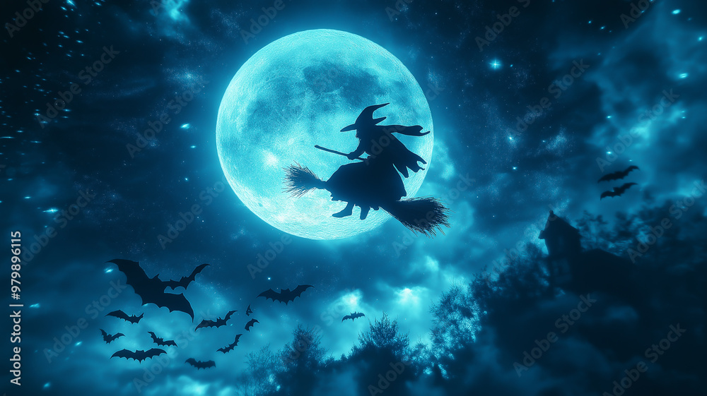 Witch’s Midnight Flight illustration of a witch flying on her ...