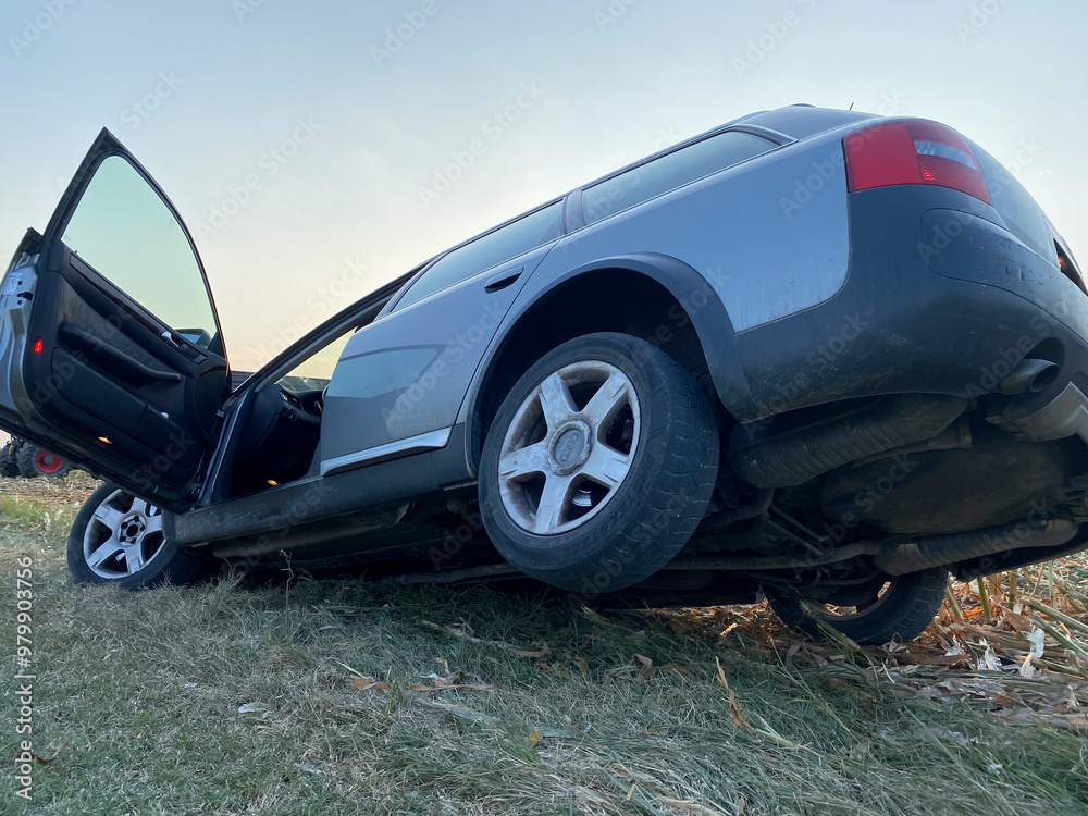 Car crash off road with open doors showing interior Stock Photo | Adobe ...