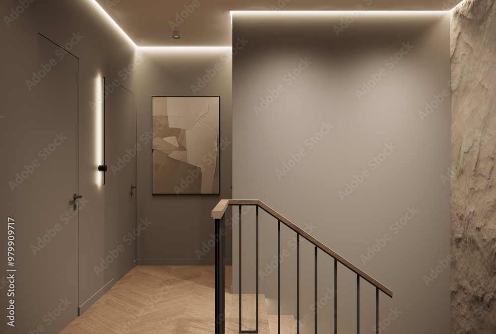 visualization of a dark modern interior of hall with wooden srairs ...