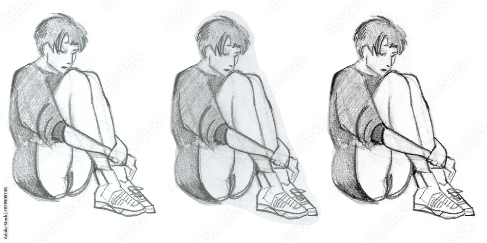 Sad girl pencil drawing mental health illustration depressed woman ...