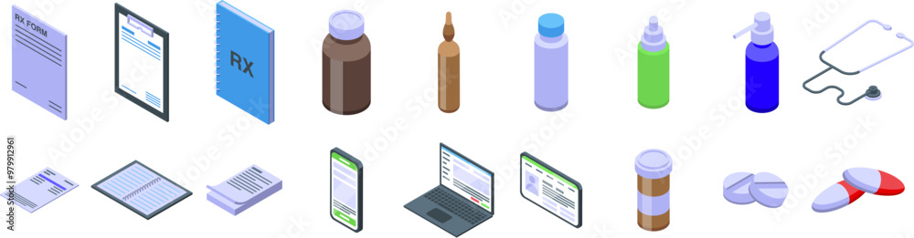 RX form icons set. Doctor prescription online, medical treatment ...