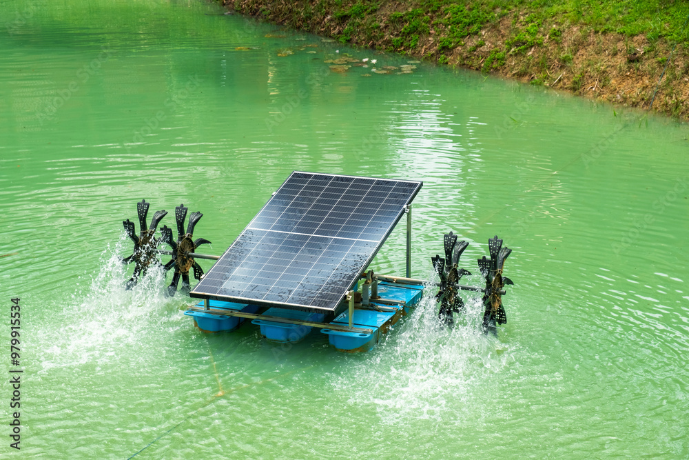 Solar-powered water aerator system with rotating paddles in a pond for ...