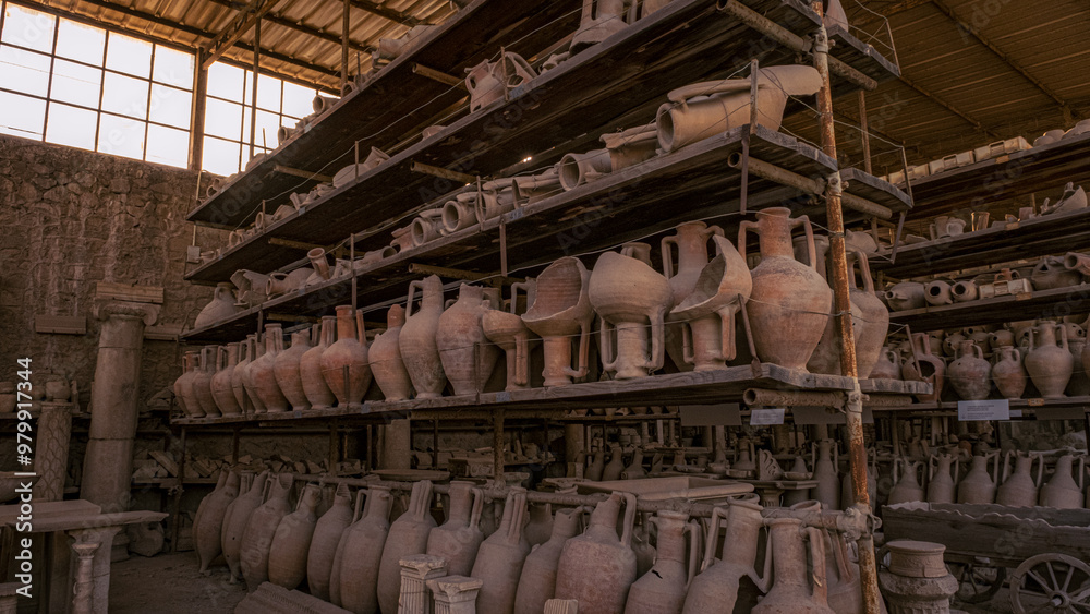 Ancient pots in the archaeological ruins of Pompeii, near Naples, Italy ...