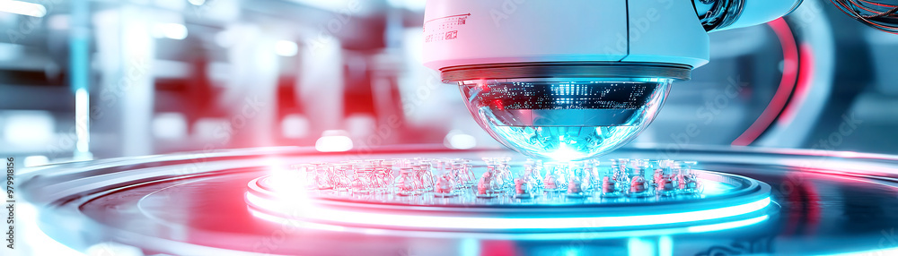 Robotic camera performing a 360-degree inspection of products on a ...
