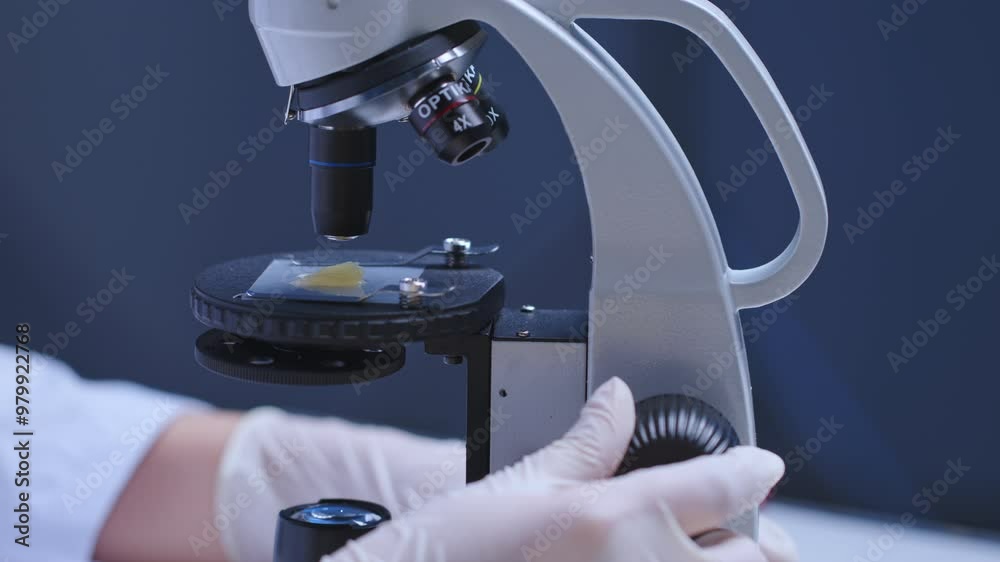 Scene of microscope adjusting by a scientist in laboratory from close up side view, a yellow ...