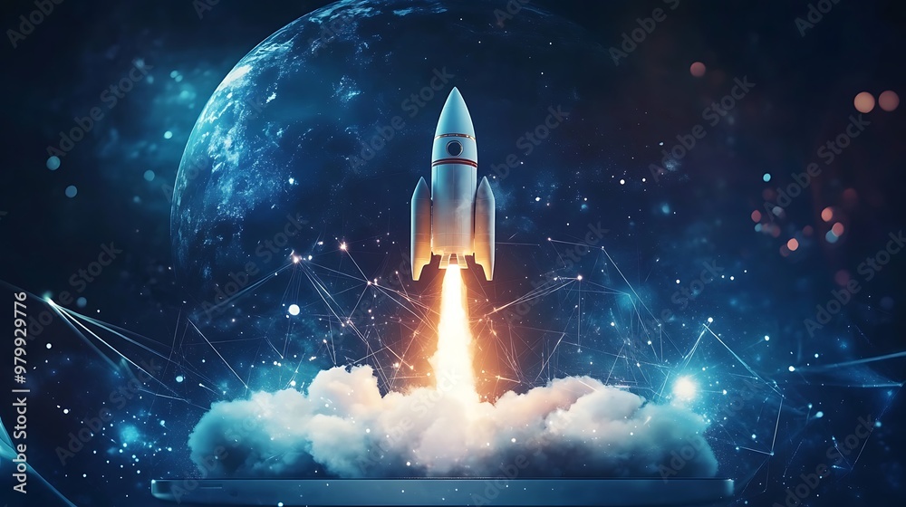 A white rocket ship blasts off from a glowing earth, leaving a trail of ...