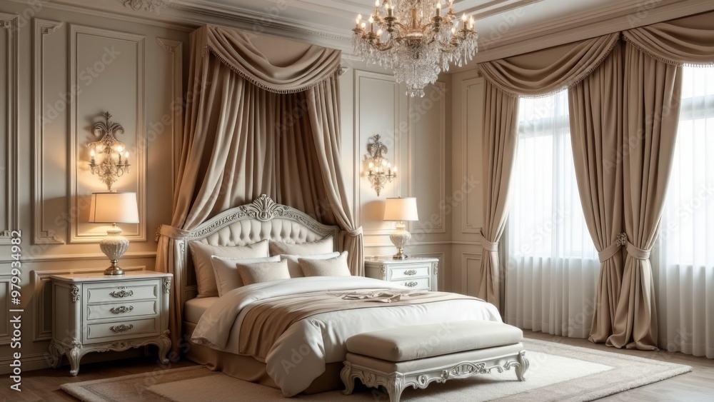 Generative AI, a bedroom with a bed, dresser, and a chair in it with a ...