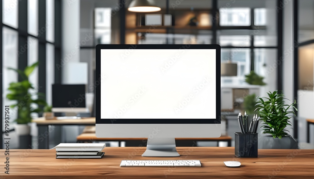 Minimalist white computer monitor on table in modern office interior ...