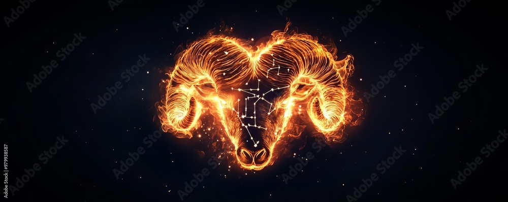 Aries symbol forged in fire, with constellations shining through the ...