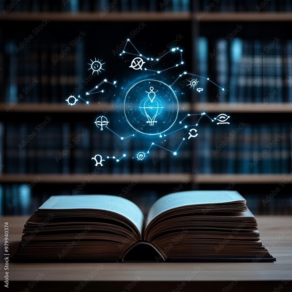 Cosmic library with zodiac symbols floating above ancient books ...