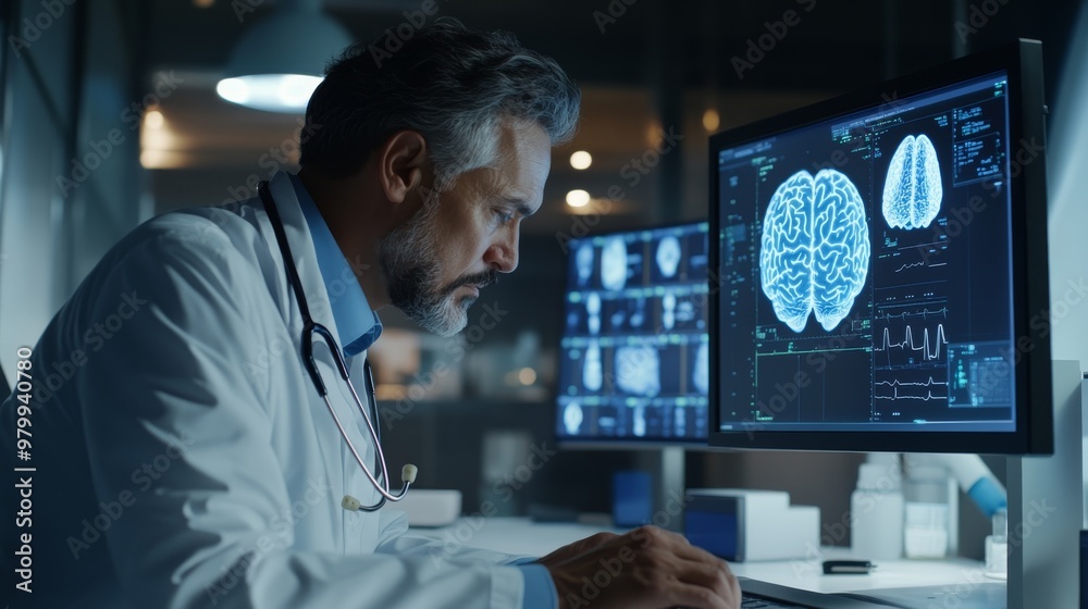 A dedicated doctor studies brain scans on multiple digital screens ...