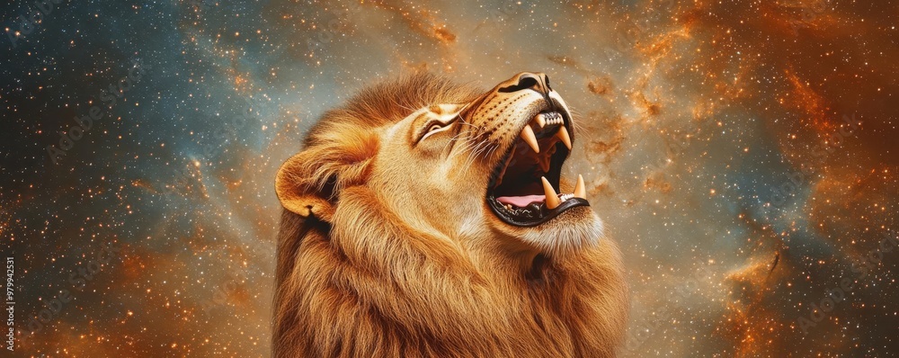 Leo depicted as a golden lion roaring amid a cosmic burst of light, representing courage and ...