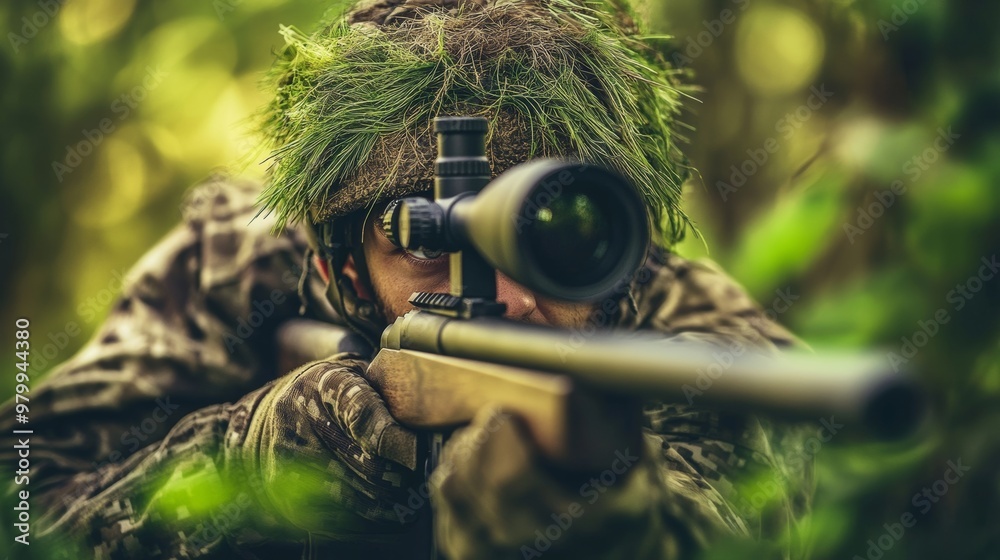 Sniper hiding in jungle wearing ghillie suit and pointing rifle at ...