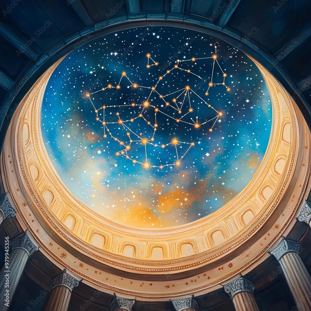 Zodiac alignment illustrated in a starry dome ceiling of a sacred ...