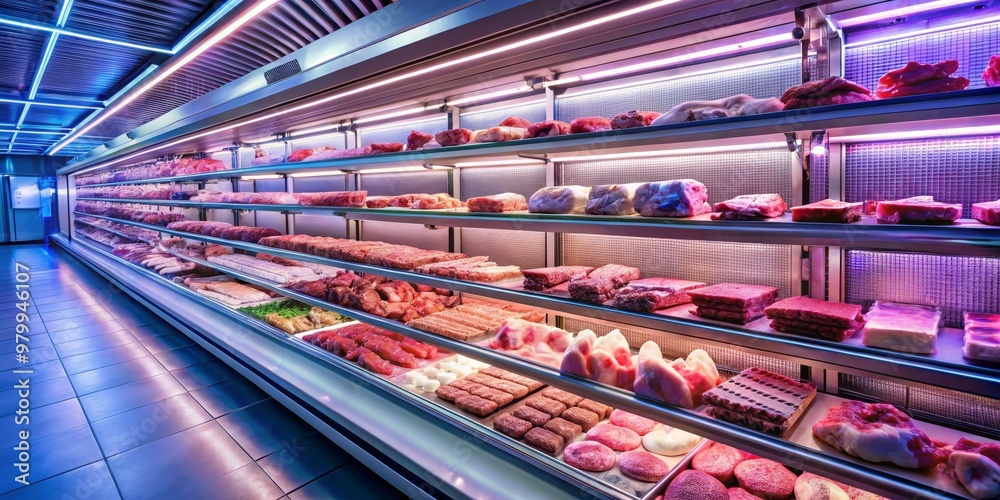 Rows of Fresh Meats Under Neon Lights, Food, Meat, Grocery Store Stock ...