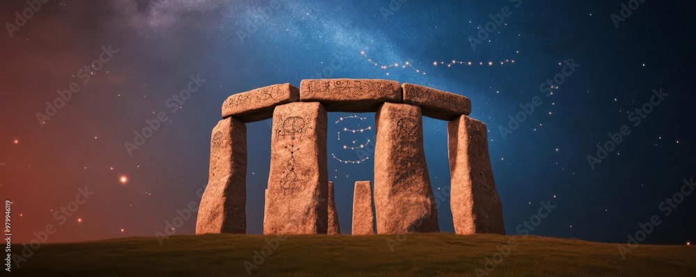 Zodiac alignment shown as a massive, ancient stone circle under a star ...