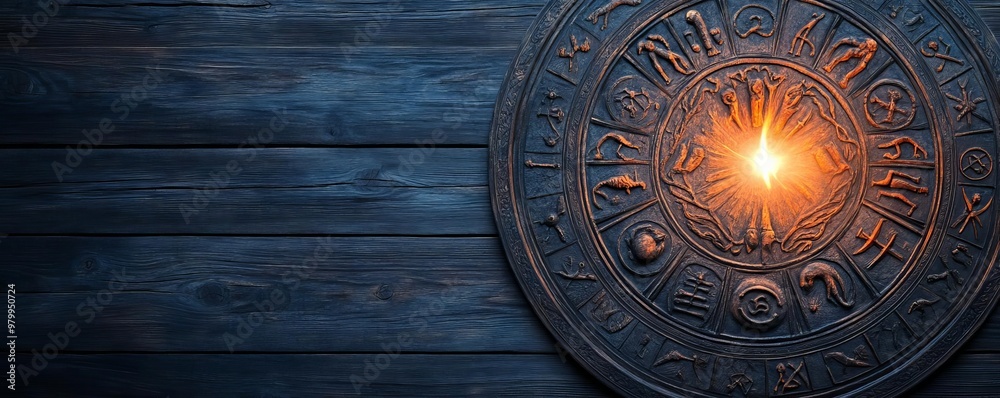Zodiac symbols carved into ancient wood, illuminated by a flickering ...